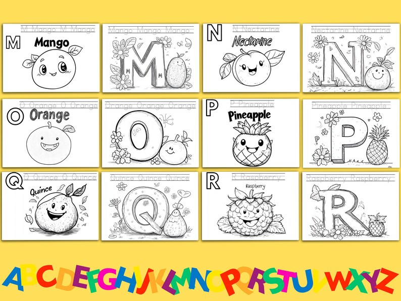 Alphabet ABC Fruit Coloring Book for Kids, A to Z Worksheet, ABC Fun ...