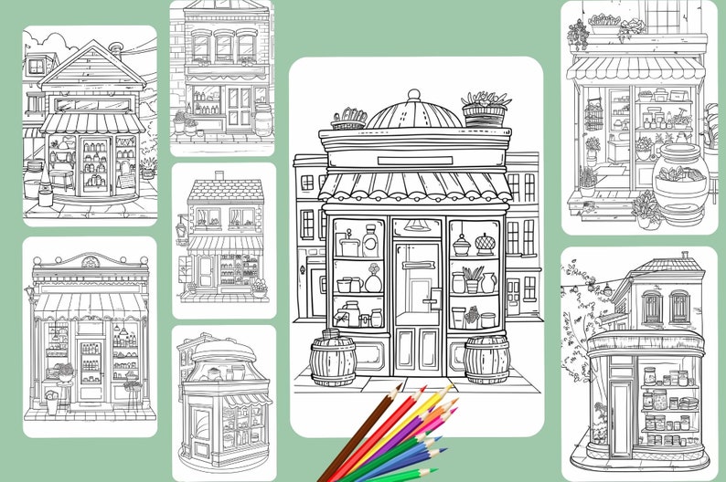 Cozy Storefronts Coloring Book: Grayscale Shophouse Designs (PDF) - Etsy