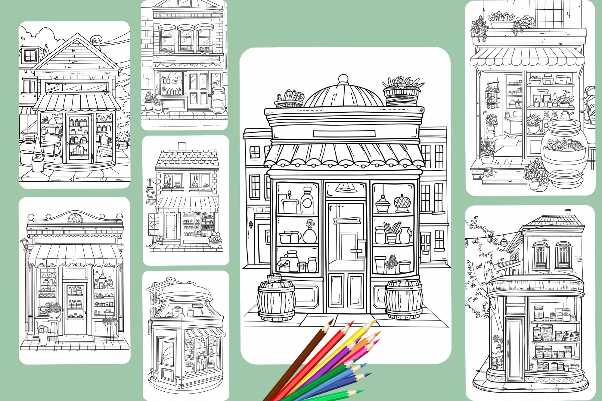 Cozy Storefronts Coloring Book: Grayscale Shophouse Designs (PDF) - Etsy