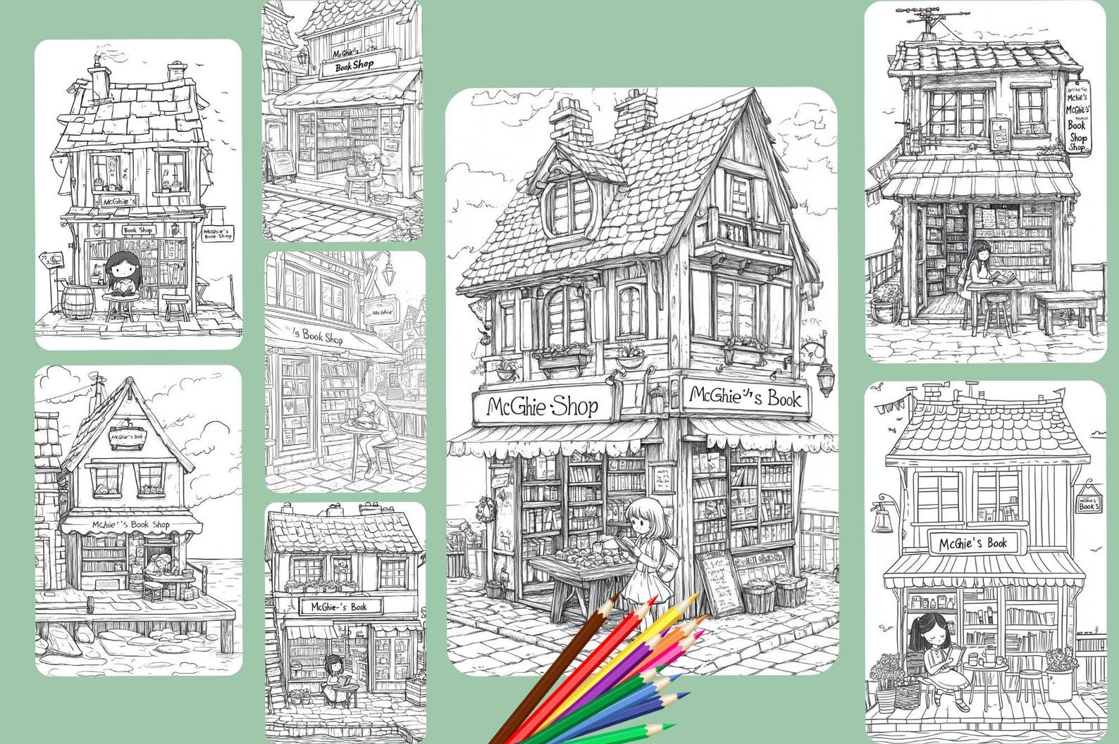 Village Book Shop Coloring Book, Digital Coloring, House Coloring, Book ...