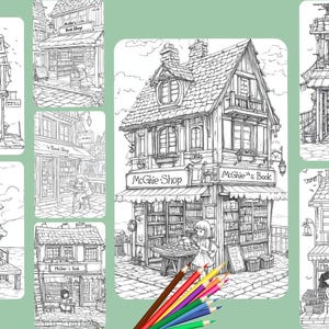 Village Book Shop Coloring Book, Digital Coloring, House Coloring, Book ...