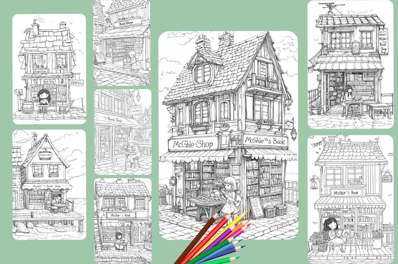 Village Book Shop Coloring Book, Digital Coloring, House Coloring, Book ...