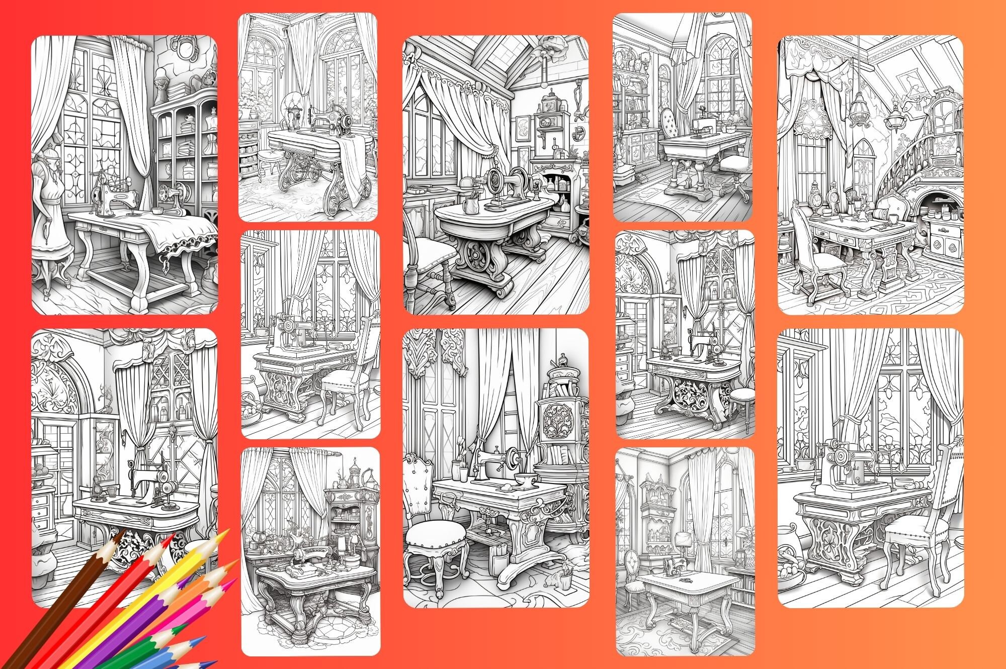 Vintage Style Sewing Studio Coloring Page, Interior Design Coloring ...