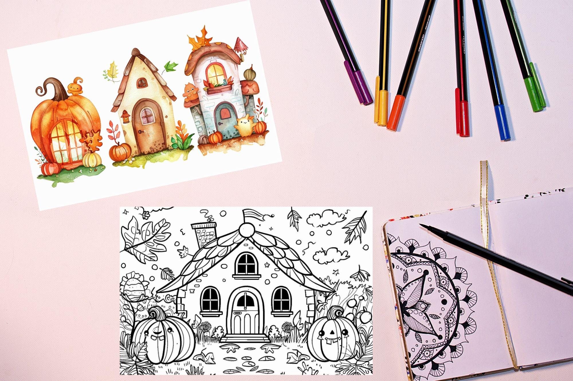 Kawaii Tiny Pumpkin House Coloring Book, House Coloring, Relaxing and ...