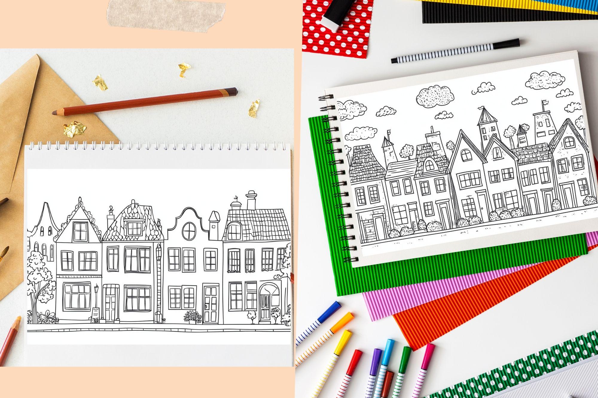 Kawaii Houses Digital Coloring Book, Storefront Coloring Page, Home ...
