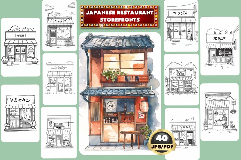 Japanese Storefronts Coloring Book: Grayscale Restaurant Designs ...