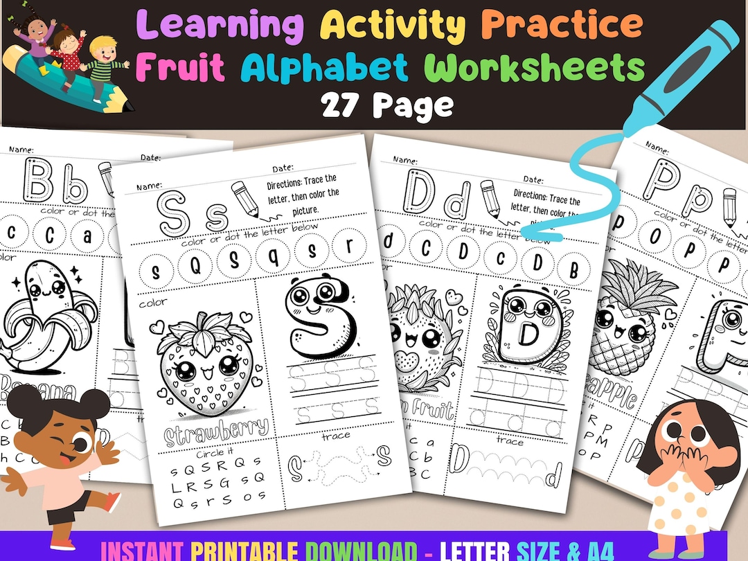Fruit Alphabet Worksheets Coloring Book, Fun ABC Coloring, A-Z Coloring ...