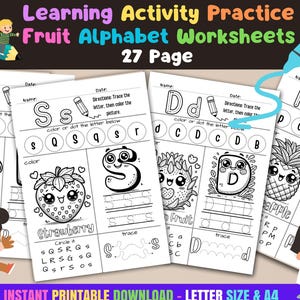 Fruit Alphabet Worksheets Coloring Book, Fun ABC Coloring, A-Z Coloring ...