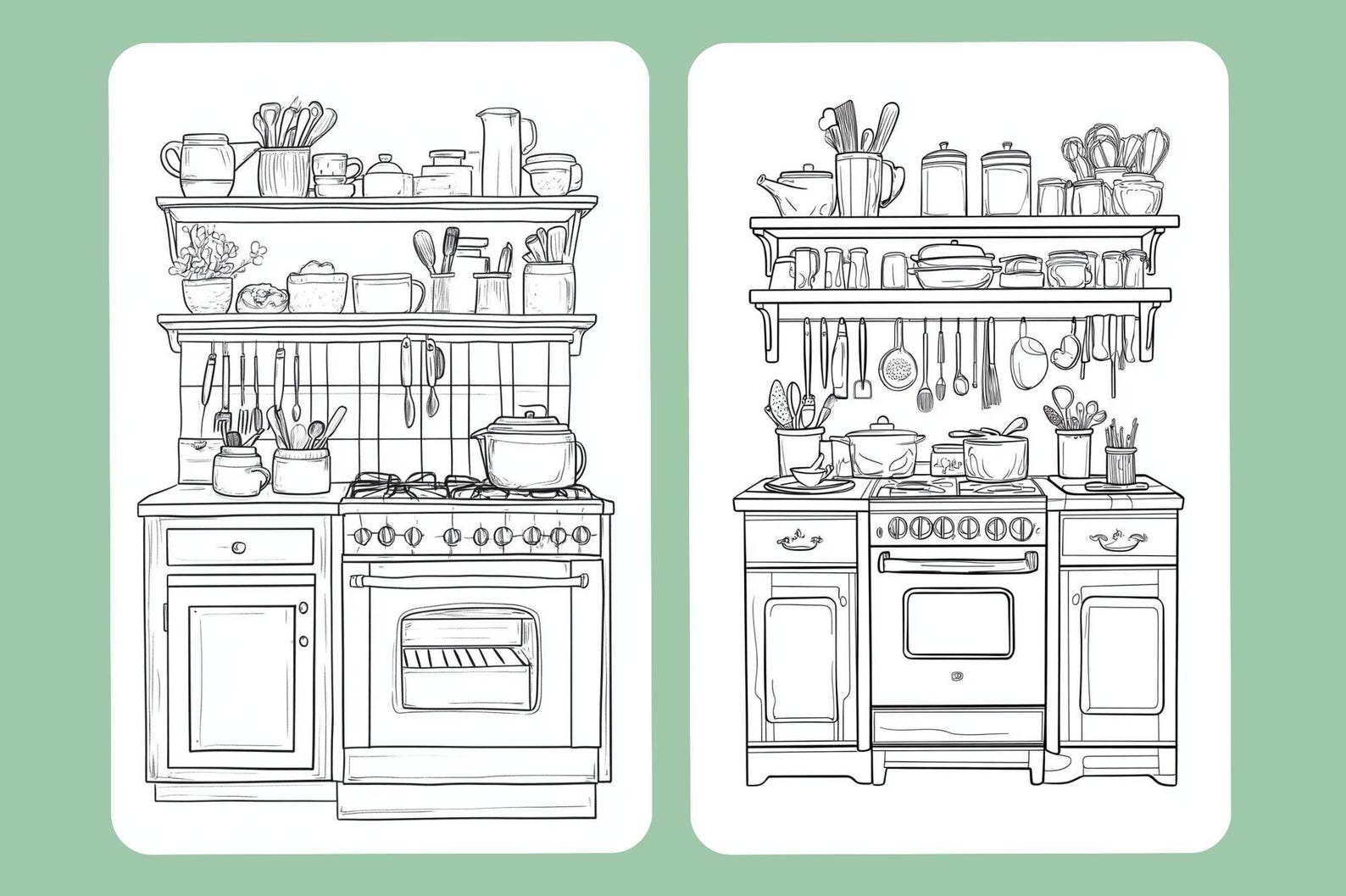 A Cozy Kitchen Scene With Oven Coloring Book, Kitchen Interior Design ...