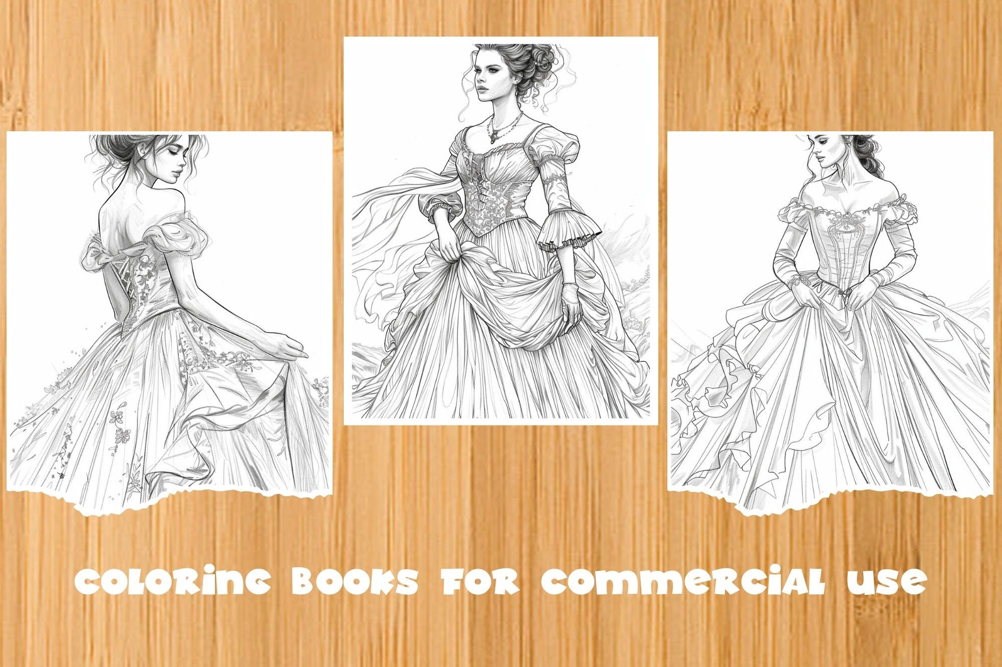 Princess With Ball Gown Coloring Digital Book, Ball Gown Grayscale ...