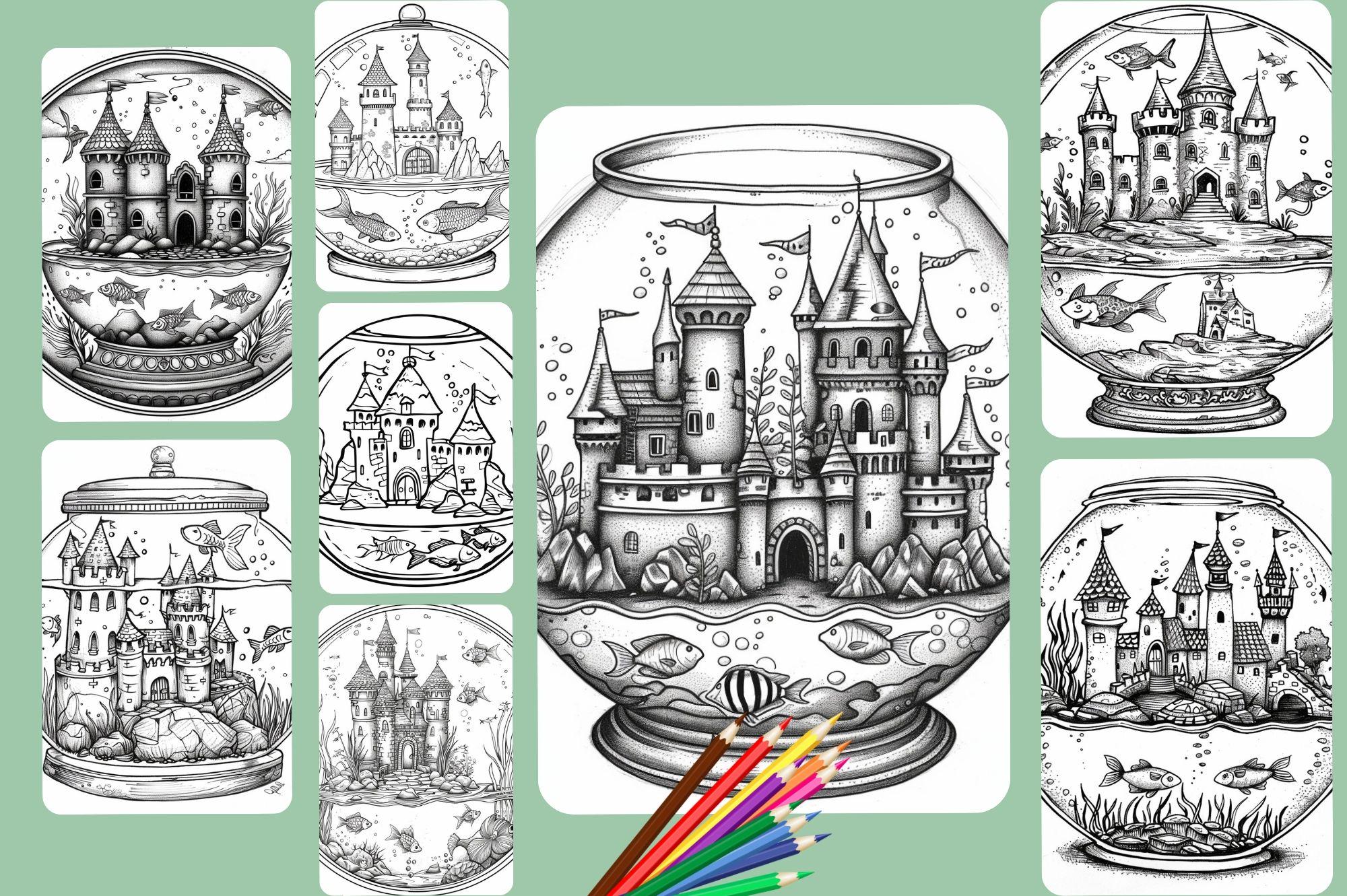 Fish and Small Castle in Fish Bowl Coloring Book, Fish Tank Coloring ...