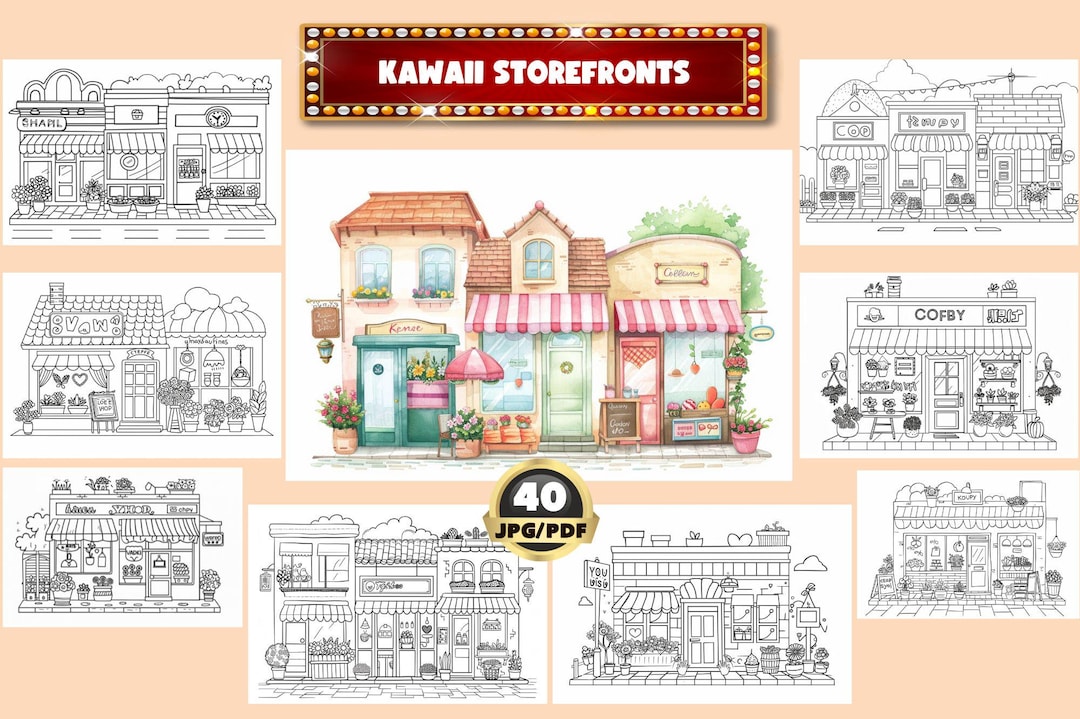 Kawaii Storefronts Coloring Book, Digital Coloring, Shophouse Designs ...