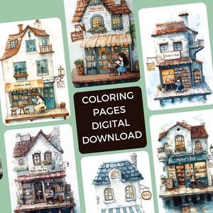 Village Book Shop Coloring Book, Digital Coloring, House Coloring, Book ...