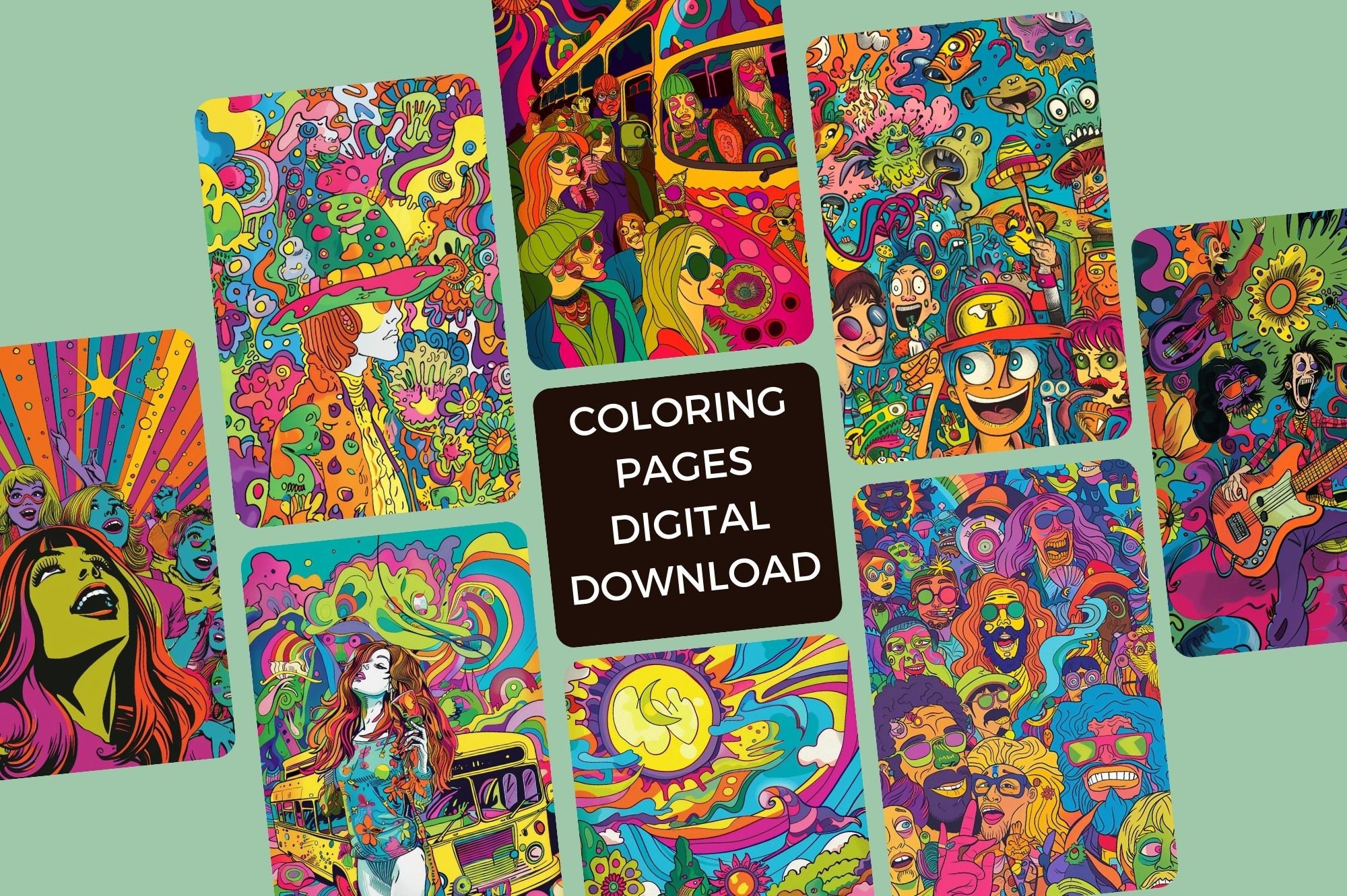 Hippie Culture in 1960 Coloring Book, Doodle Coloring, Relaxing and ...