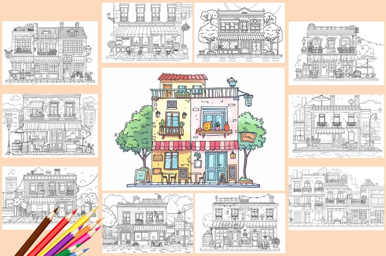 Pub in the City Center Front Side Coloring Book: House Architect Desıgn ...