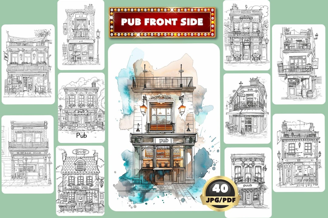 Pub Front Side Digital Colorıng Book, Architect Coloring, Houses ...
