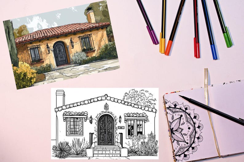 Spanish Colonial House Coloring Book: Relaxing Grayscale (printable PDF ...