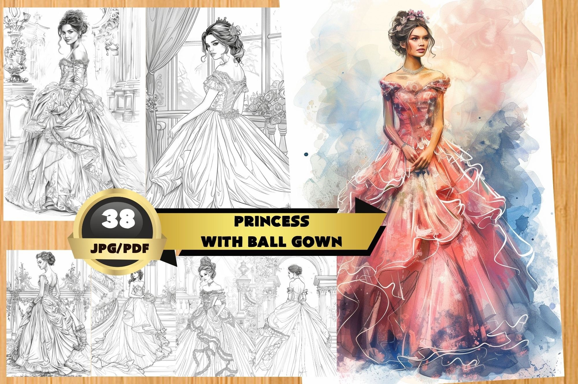 Princess With Ball Gown Coloring Digital Book, Ball Gown Grayscale ...