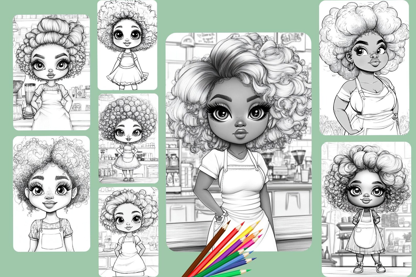 Chibi Coffee Shop Waitress Coloring Book, Black Chibi Waitress Girl ...