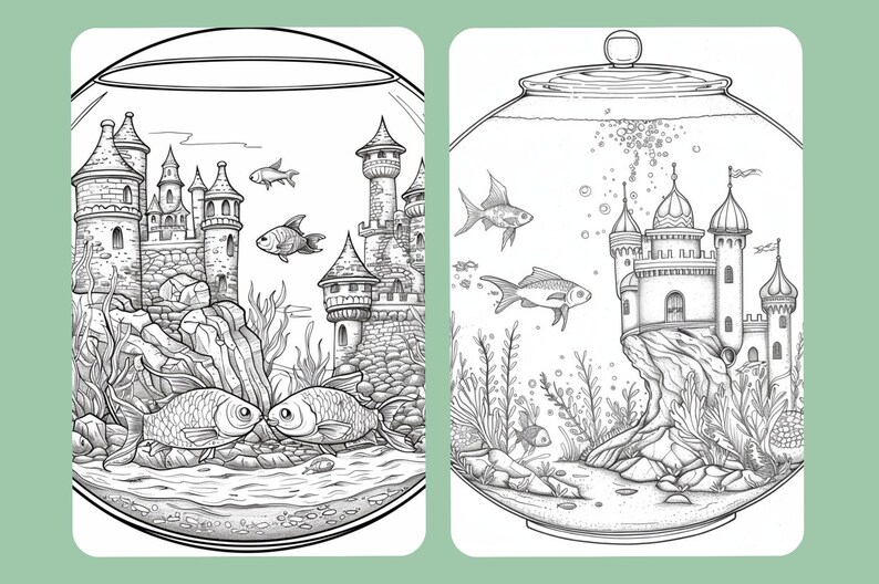 Fish and Small Castle in Fish Bowl Coloring Book, Fish Tank Coloring ...