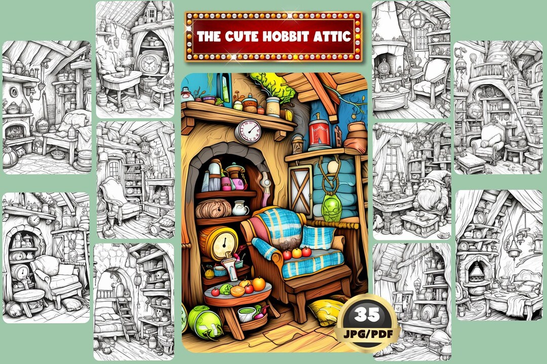 Hobbit Attic Coloring Book, Grayscale Interior Designs (printable PDF ...
