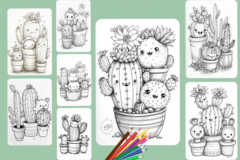 Kawaii Cactus Family Coloring Book: Relaxing Grayscale Doodle ...