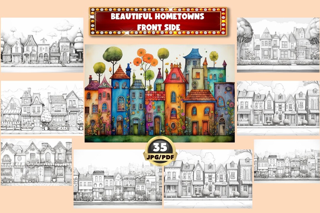 Beautiful Hometowns Front Side Digital Coloring Book, Houses Coloring ...