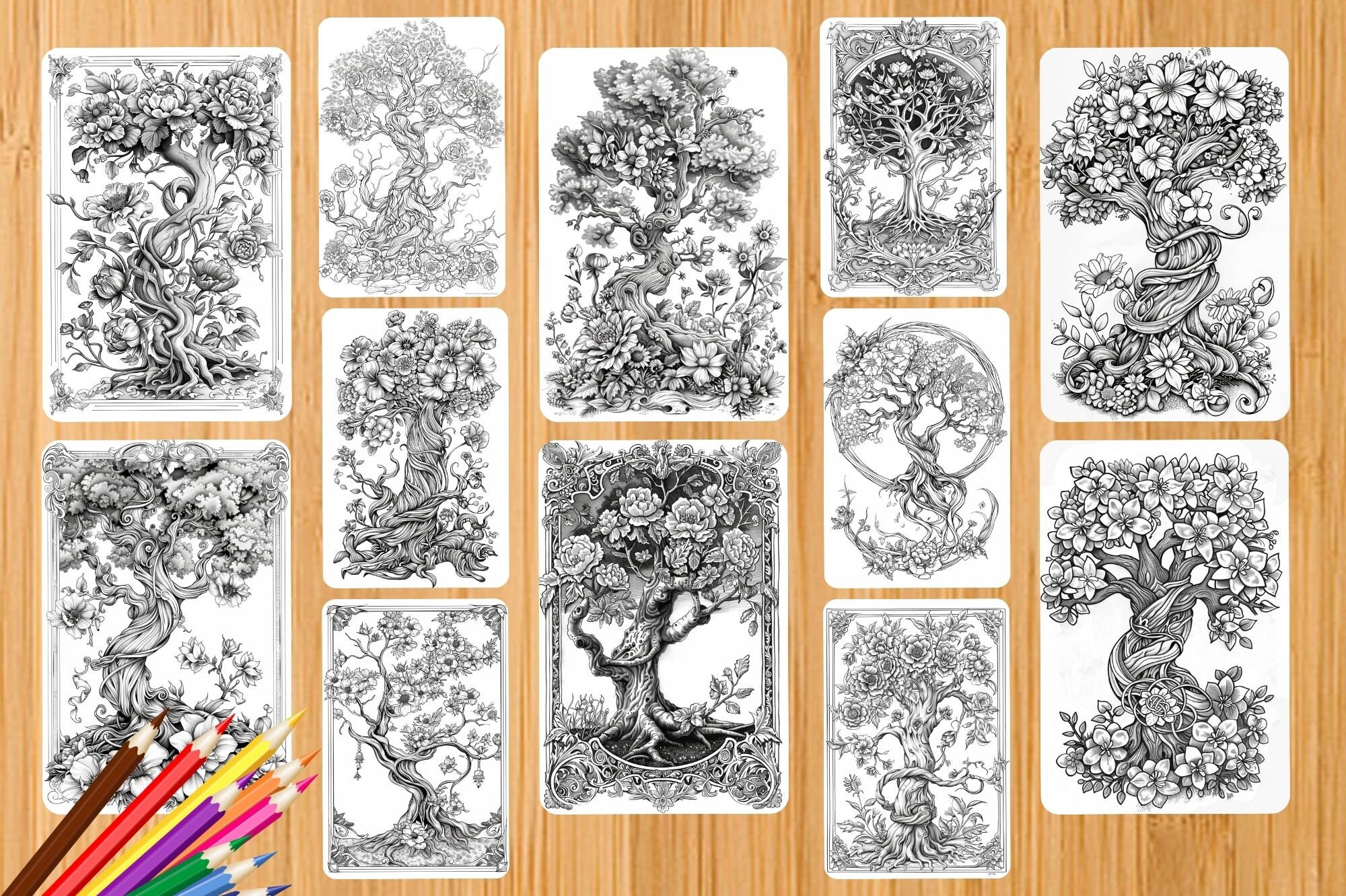 A Tree of Life and Flowers Coloring Book, Floral Coloring Page, Floral ...