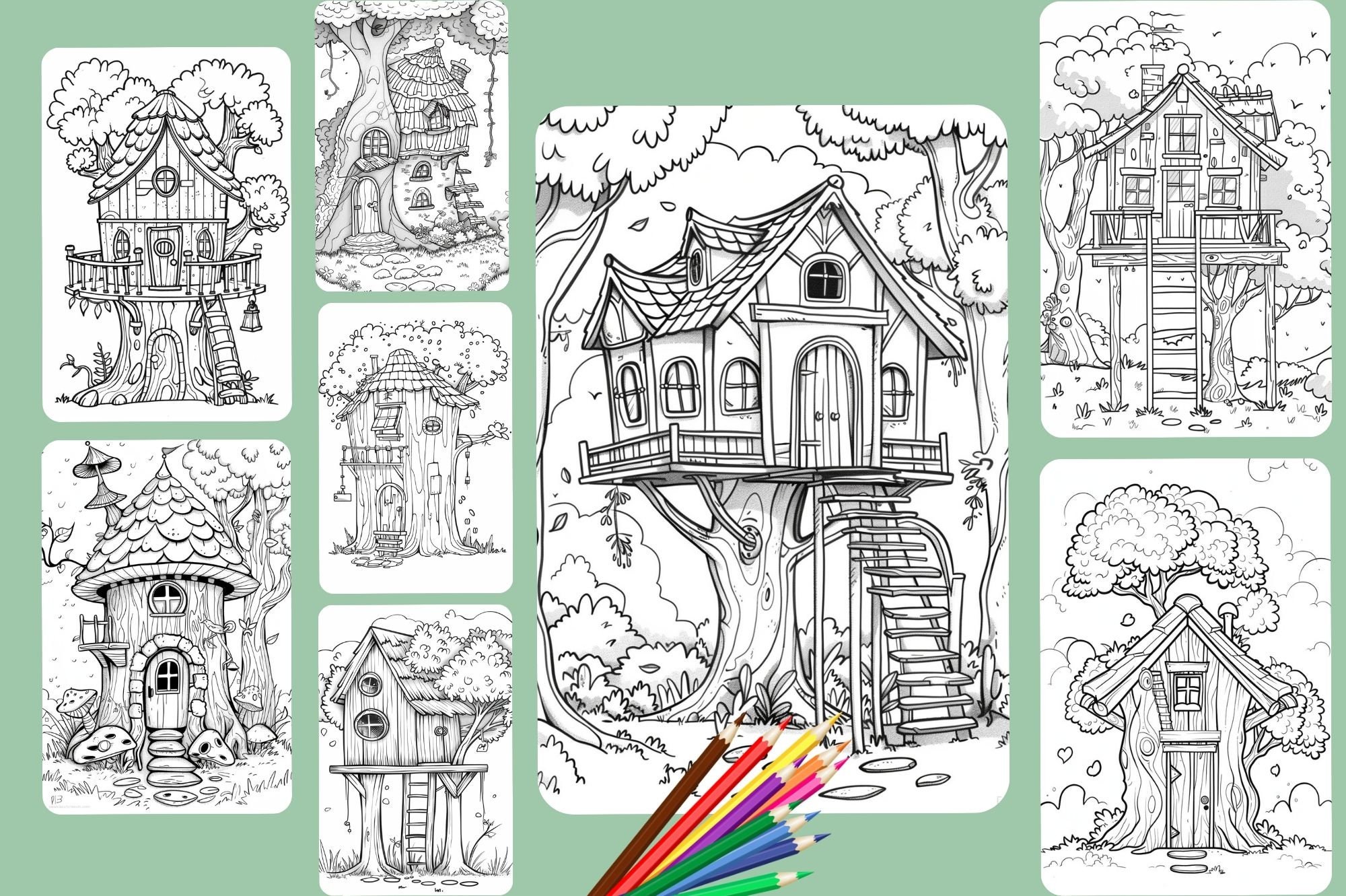 Fantasy Tree House Coloring Book, Grayscale Illustrations (printable ...