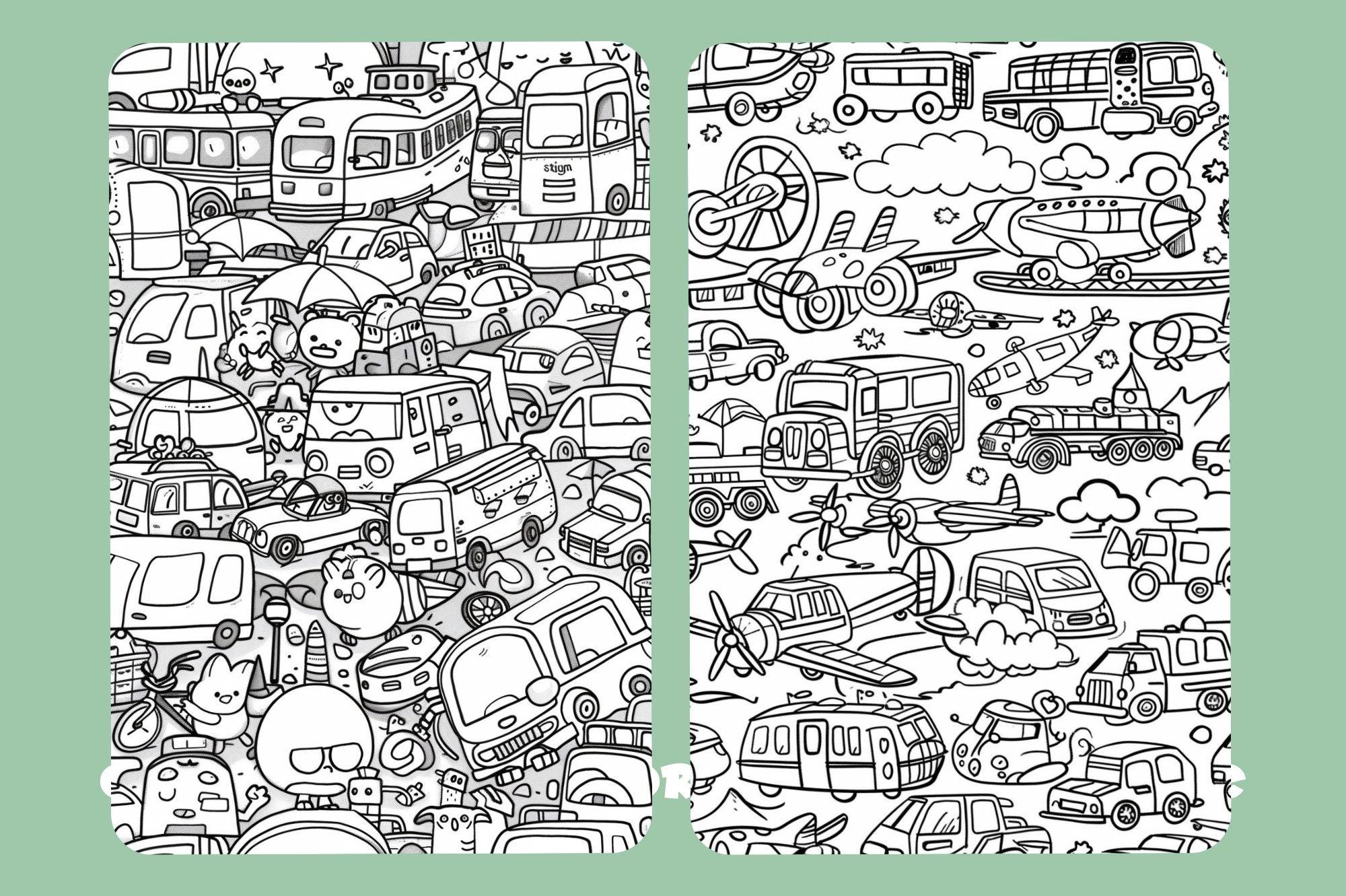 Vehicle Doodle Coloring Book, Transportation Coloring, Relaxing and ...