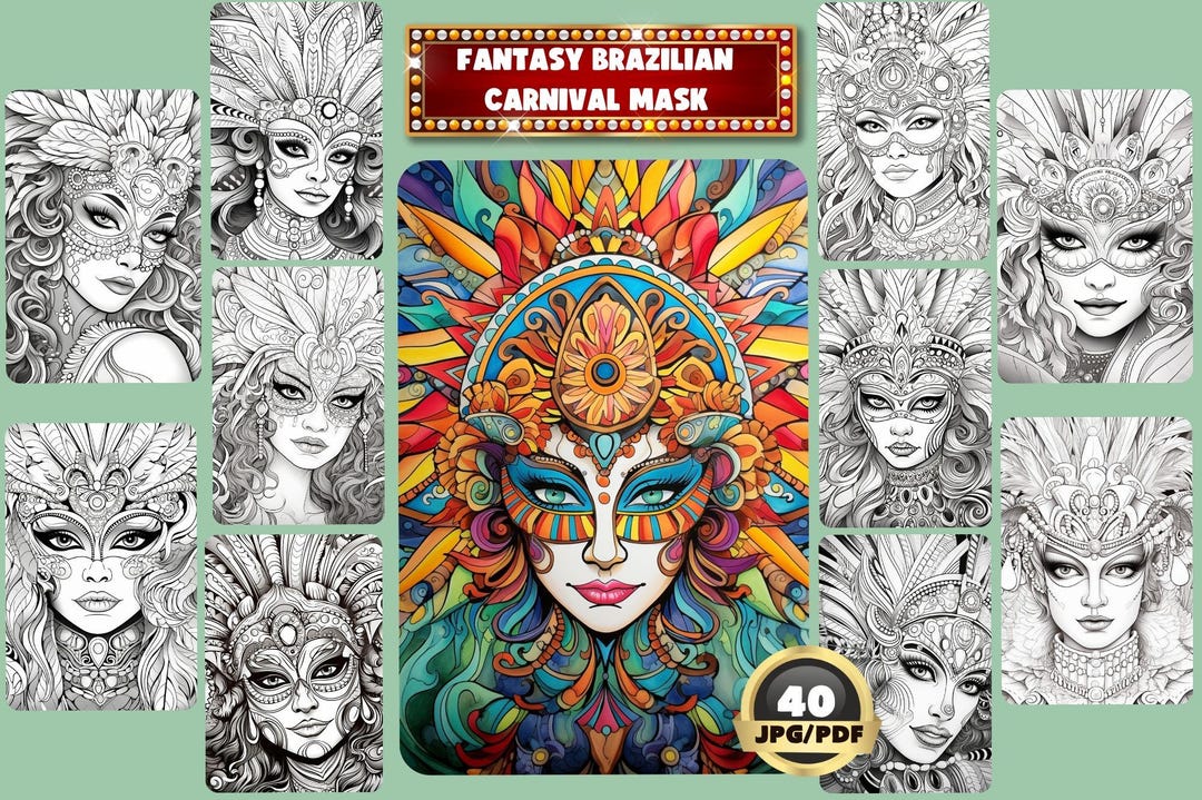 Brazilian Carnival Coloring Pages, Digital Coloring Book, Fantasy Mask ...