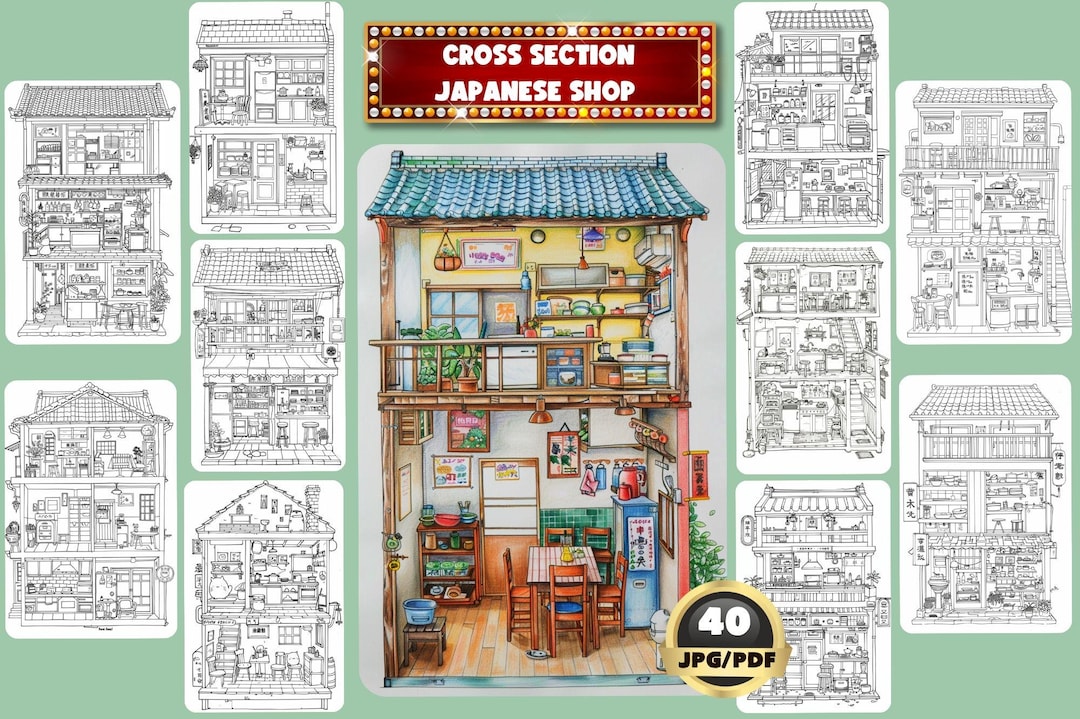 Cross Section Japanese Shop Coloring Book, Interior Design Shophouse ...
