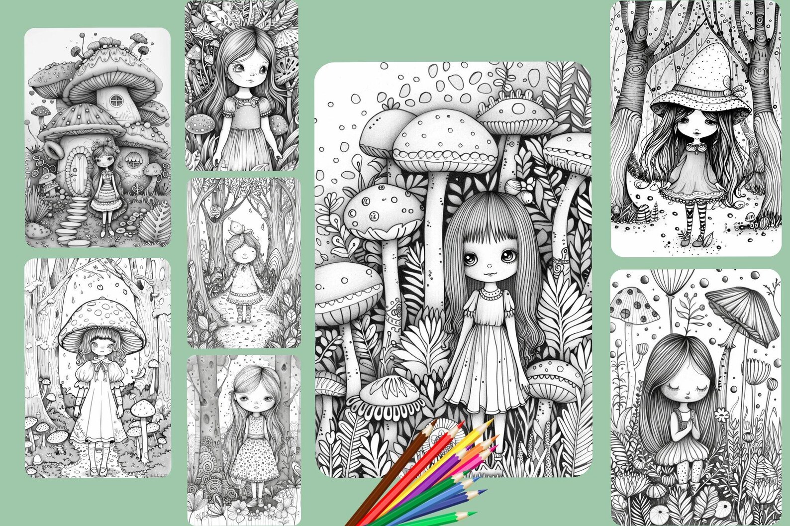 Cute Magic Forest Coloring Book Printable, Grayscale Coloring Digital ...