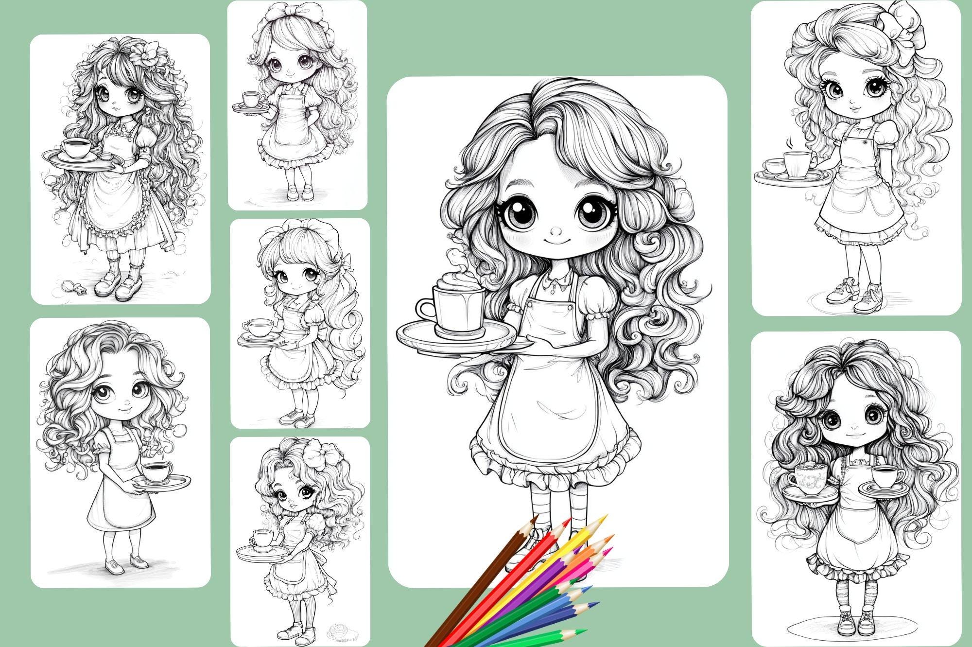 Chibi Girl Holding A Coffee Tray Coloring Book, Waitress Chibi Girl ...