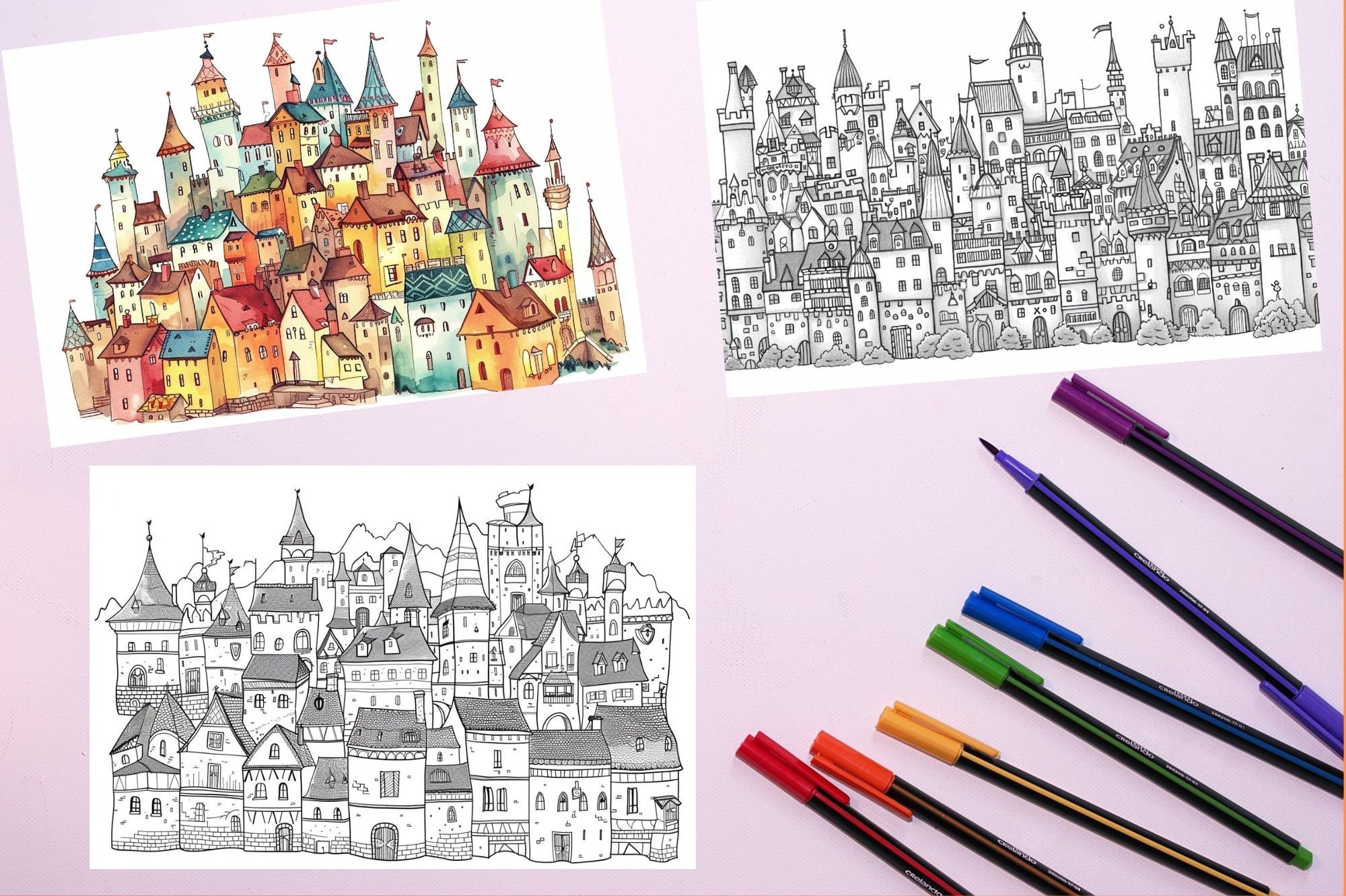 City Buildings Coloring Book, Printable PDF, Landscape Coloring, City ...