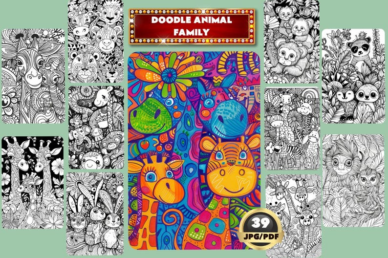Doodle Animal Family Coloring Book: Grayscale Printable (PDF) - Etsy