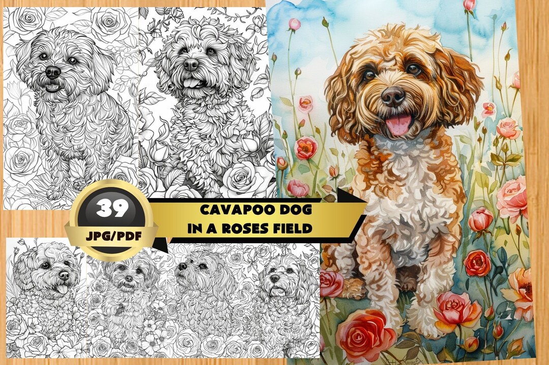 Cavapoo Dog in Roses Field Coloring Book, Dog Coloring, Floral and ...