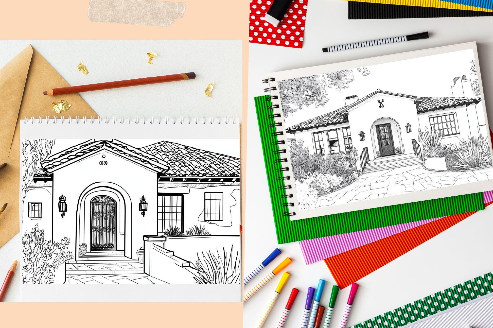 Spanish Colonial House Coloring Book: Relaxing Grayscale (printable PDF ...