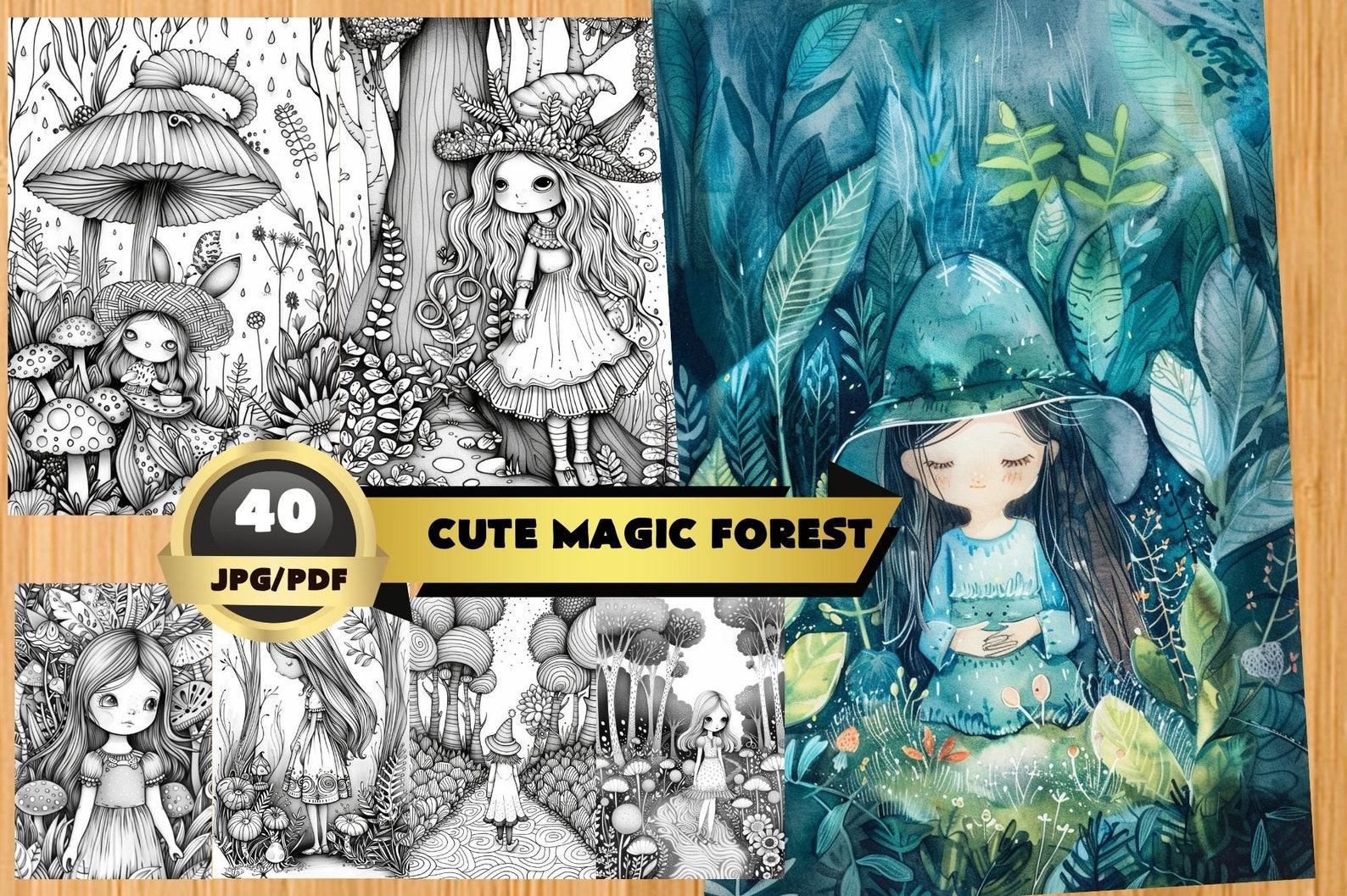 Cute Magic Forest Coloring Book Printable, Grayscale Coloring Digital ...