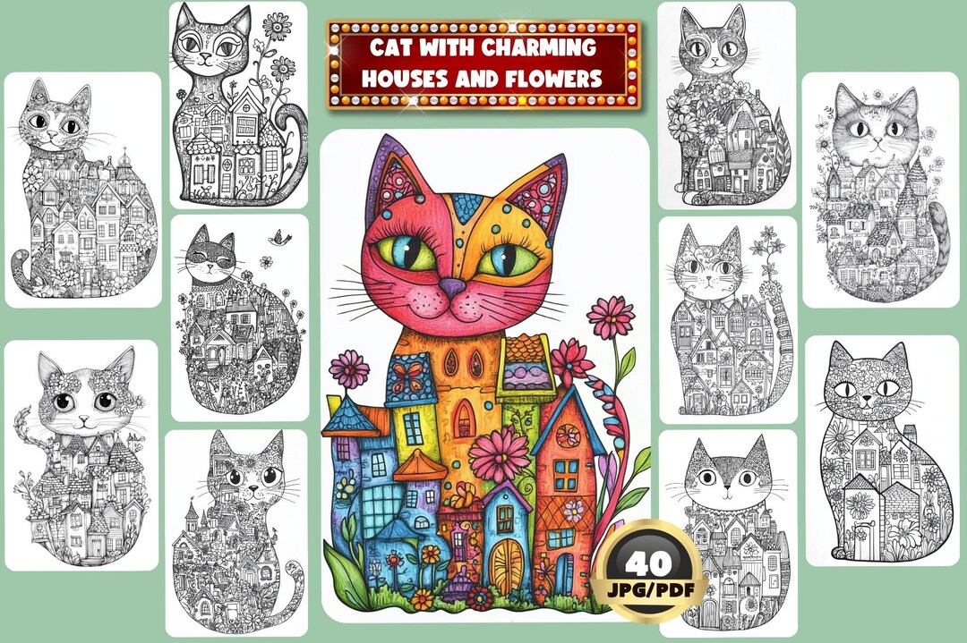 Cat With Charming Houses and Flowers Coloring Book, Cat Town, Fantasy ...