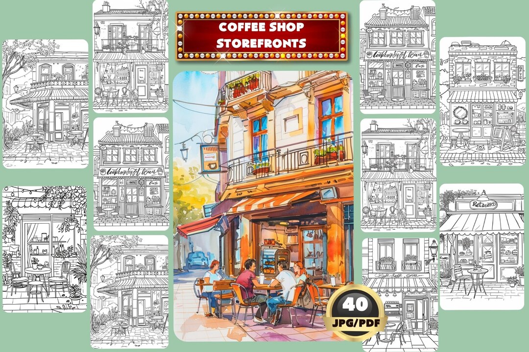 Coffee Shop Storefronts Coloring Book, Grayscale Coloring, Architect ...