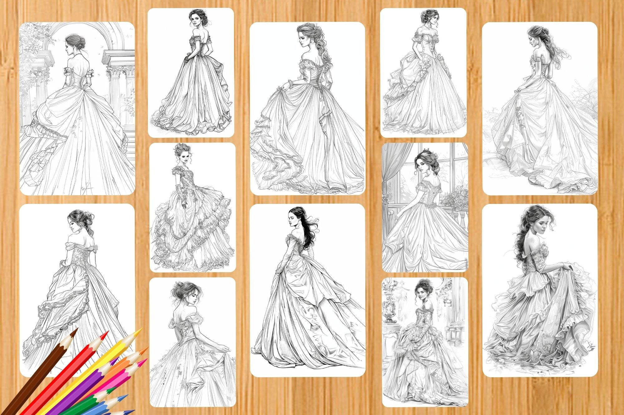 Princess With Ball Gown Coloring Digital Book, Ball Gown Grayscale ...