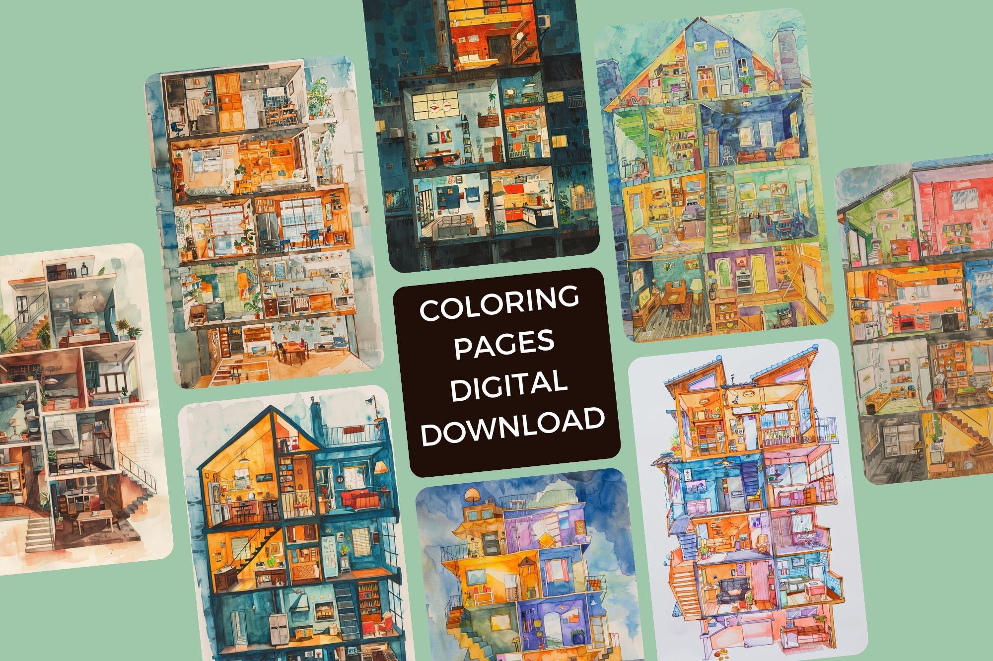 House With Multiple Floors Coloring Book, Architect Coloring, Interior ...