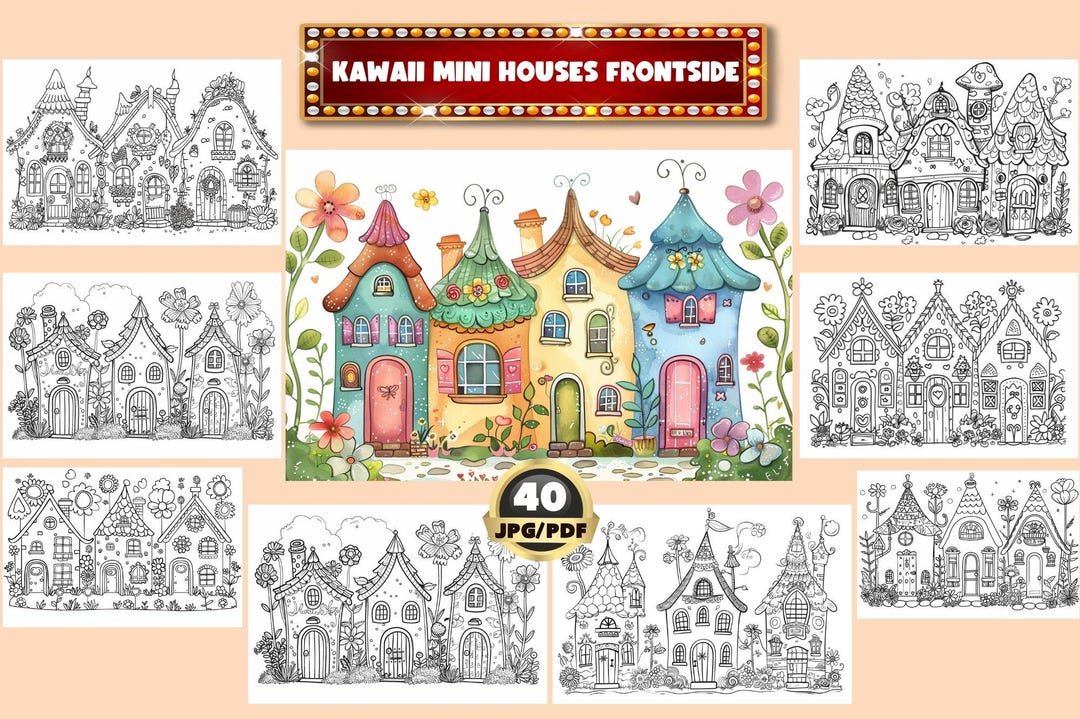Kawaii Mini Houses Frontside Colorıng Book, Cartoon House, Digital ...