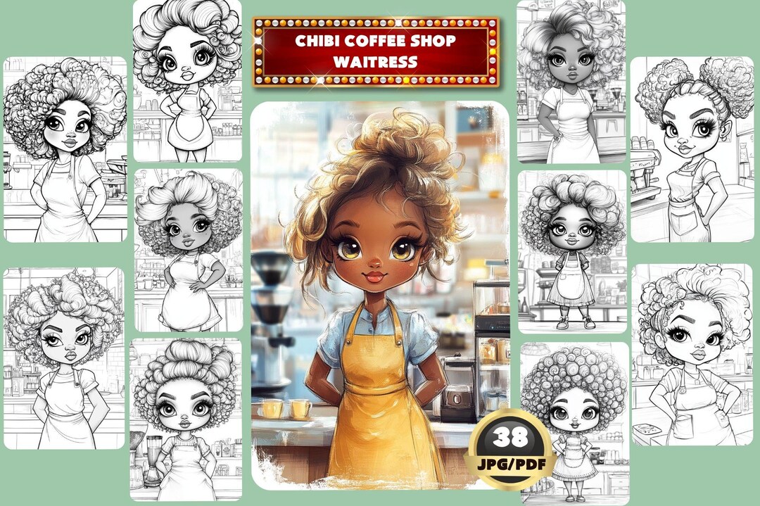 Chibi Coffee Shop Waitress Coloring Book, Black Chibi Waitress Girl ...