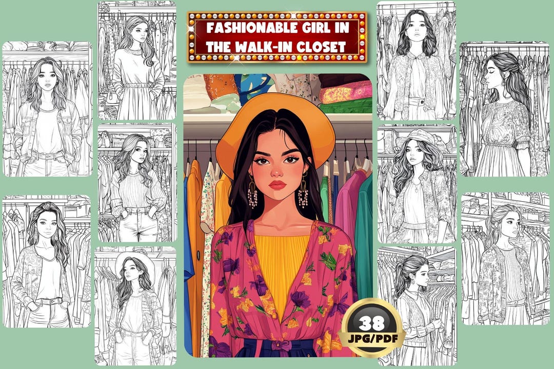 Fashion Girl Coloring Book: Walk-in Closet Grayscale Art (printable PDF ...