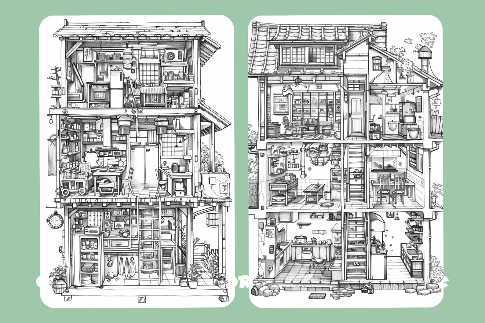 Japanese Restaurant Cross Section Coloring Book: Grayscale Interior ...
