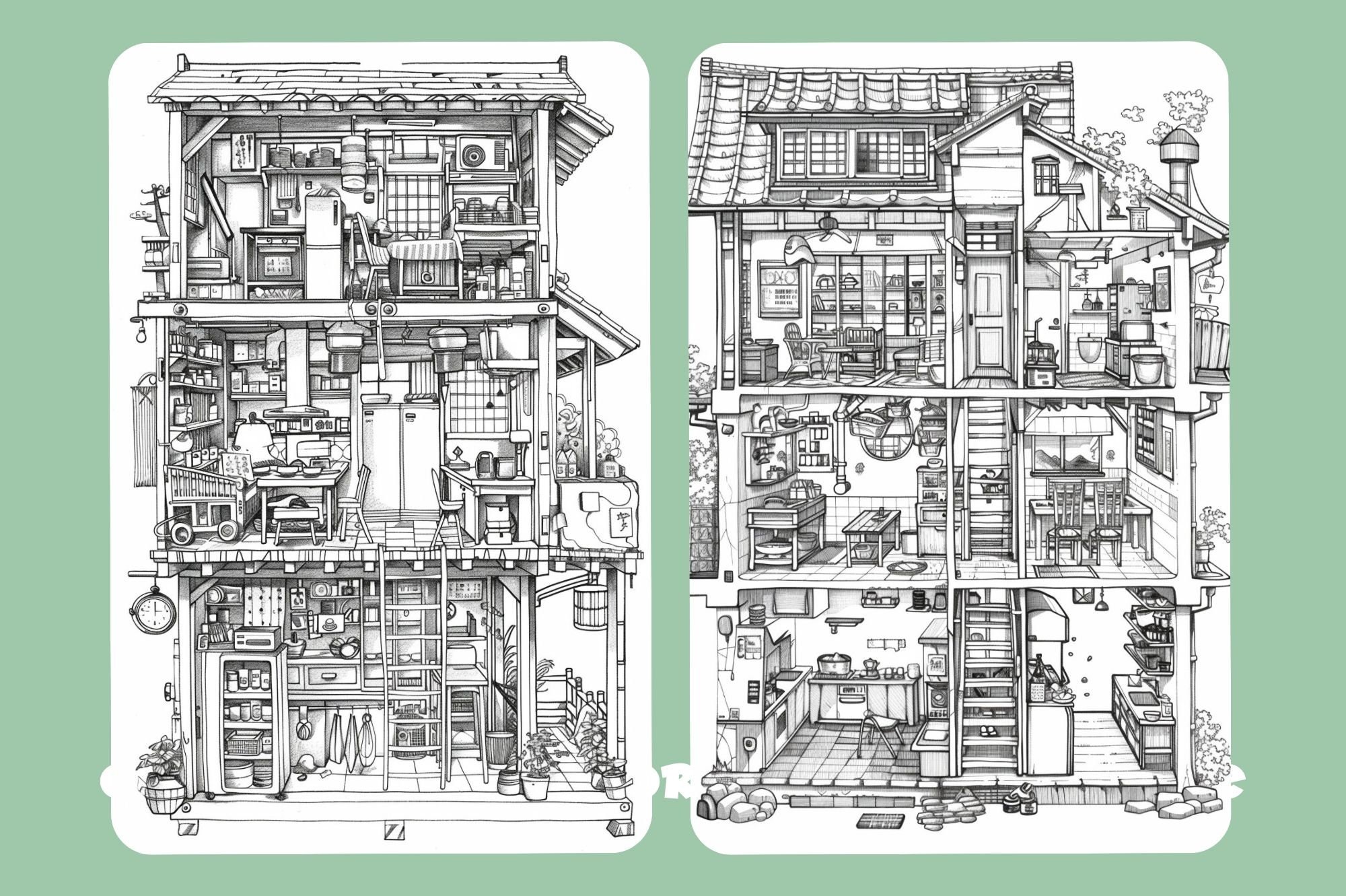 Japanese Restaurant Cross Section Coloring Book: Grayscale Interior ...
