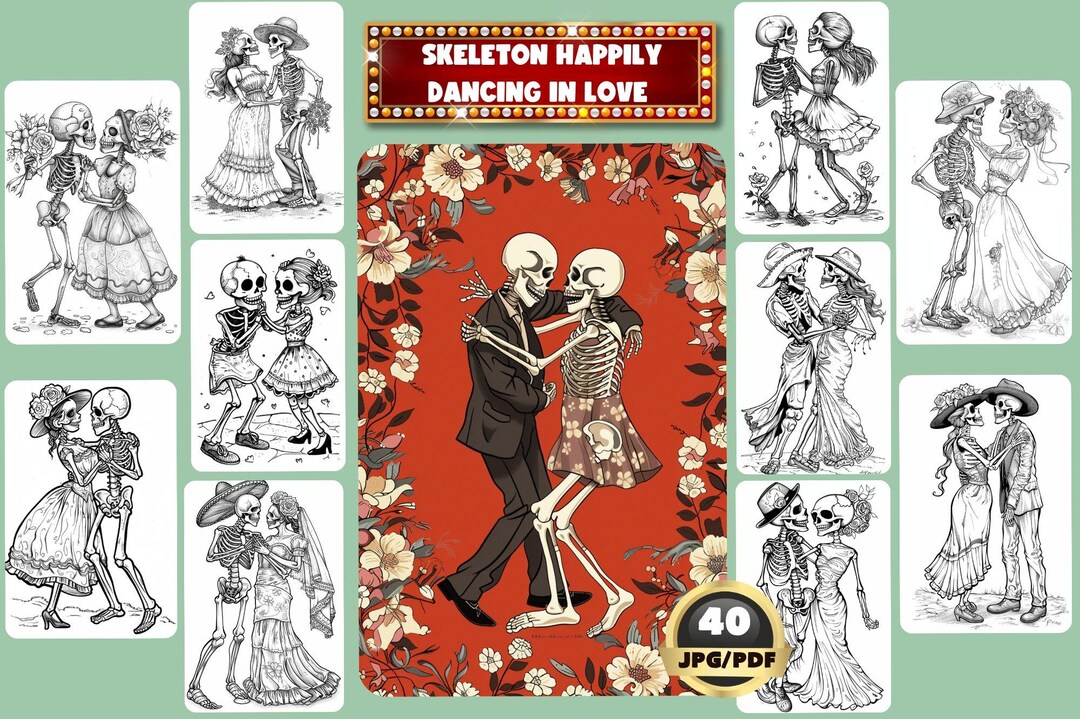 Skeleton Happily Dancing Coloring Book, Grayscale Halloween Art ...