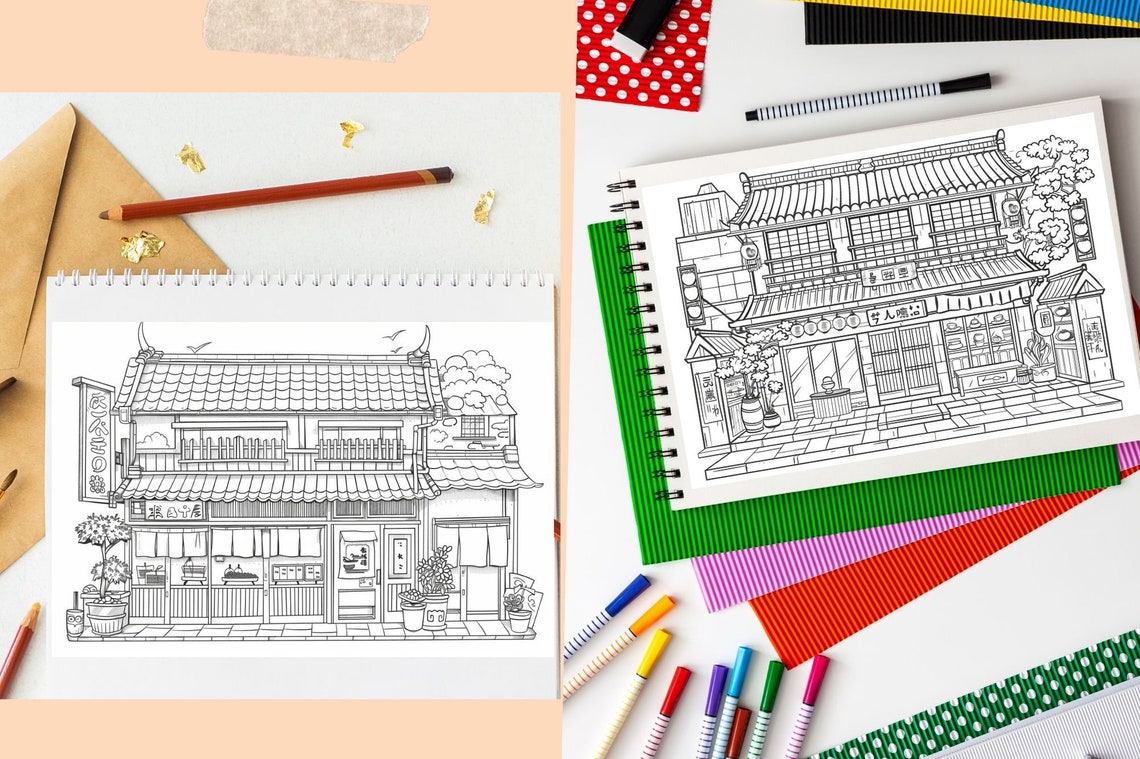 Japanese Restaurant Coloring Book: Grayscale Shopfronts (printable PDF ...